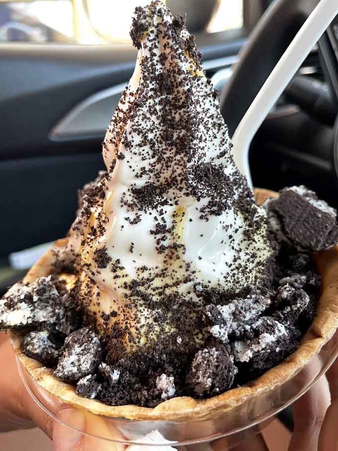 Oreos and caramel conspiring with soft serve to create something that should probably require a permission slip to eat.