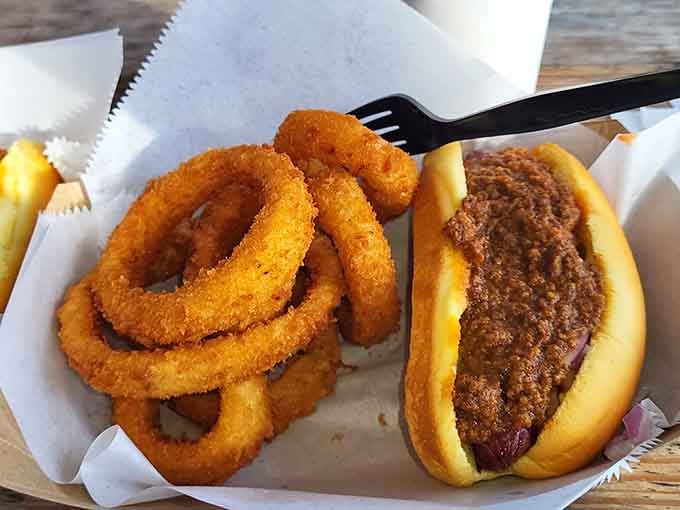 Chili dog and onion rings: the dynamic duo that Batman and Robin wish they could be.