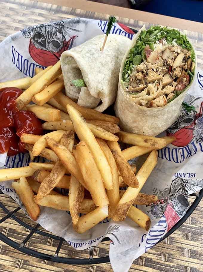 A jerk chicken wrap so generously stuffed, it makes you wonder if they've heard of portion control.