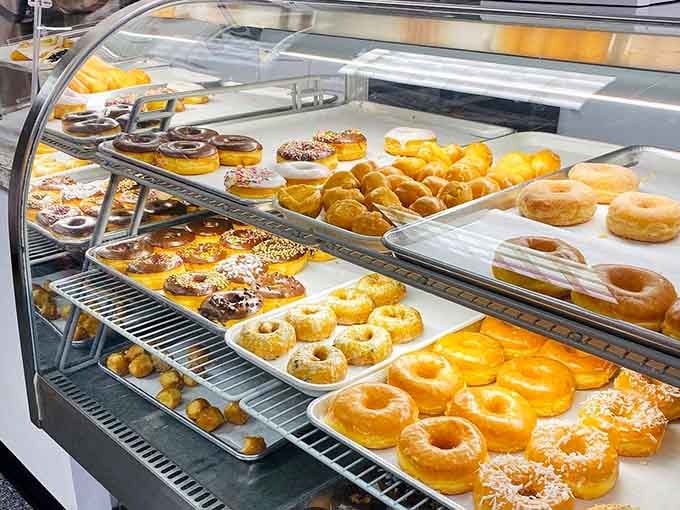 The curved display case showcases row after row of handcrafted perfection waiting for their forever homes.