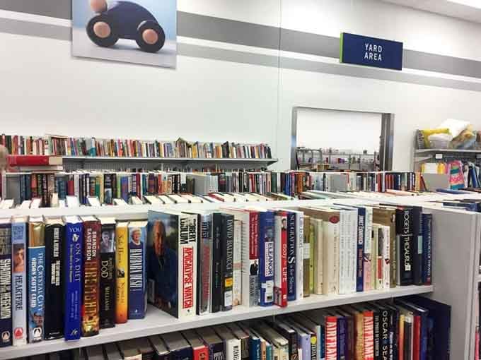 Literary adventures await on shelves packed with stories, recipes, and knowledge at fraction-of-retail prices.