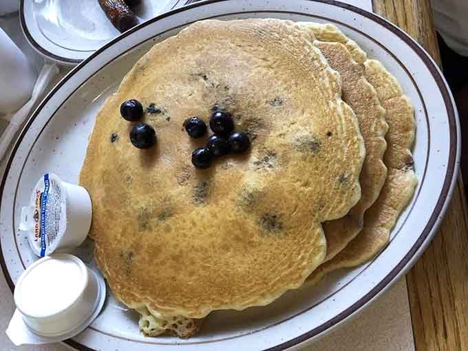 Behold the pancake in its natural habitat, golden and generous, dotted with blueberries like edible treasure.
