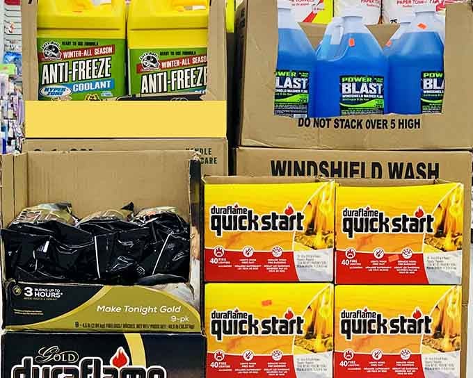 Winter essentials stacked high remind you that New Jersey weather waits for no one's budget.