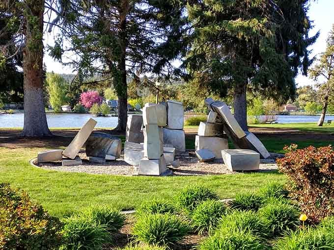 Modern sculpture meets natural beauty, creating the kind of contrast that makes you stop and actually look around.