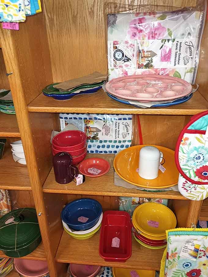 Colorful dinnerware stacks up like a rainbow of dining possibilities for your next dinner party.