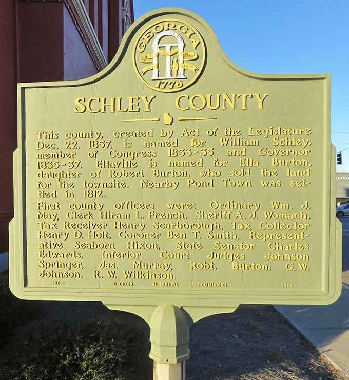Historical markers tell the story of Schley County, named for a Revolutionary War hero, not a typo.