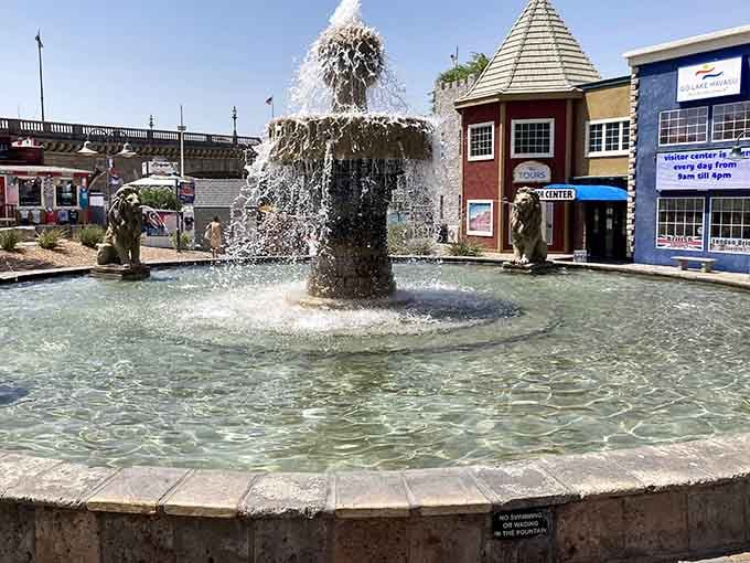 Kids splash while parents marvel at finding European plaza vibes without enduring a single transatlantic flight.