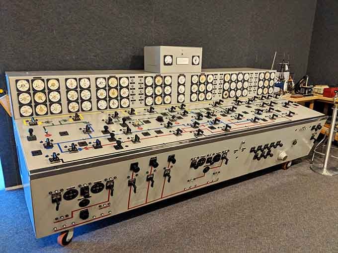 This control panel looks like something from a submarine movie, complete with enough dials to confuse any modern sailor.
