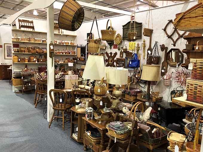 Baskets hanging from the ceiling like a country store met a time capsule and had beautiful babies.