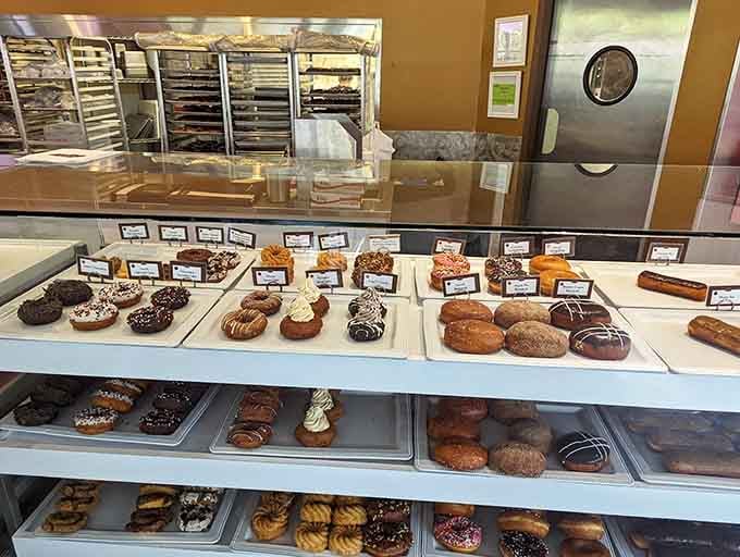 That display case holds more temptation per square foot than most people can reasonably handle before their morning coffee.