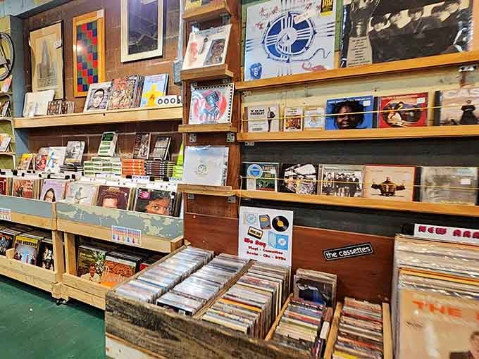 Vinyl records stacked next to cassettes and CDs, covering every musical era from Sinatra to grunge and everything in between.