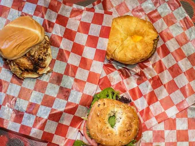 Three different sandwiches on that classic red checkered paper means someone's about to have a very good lunch indeed.
