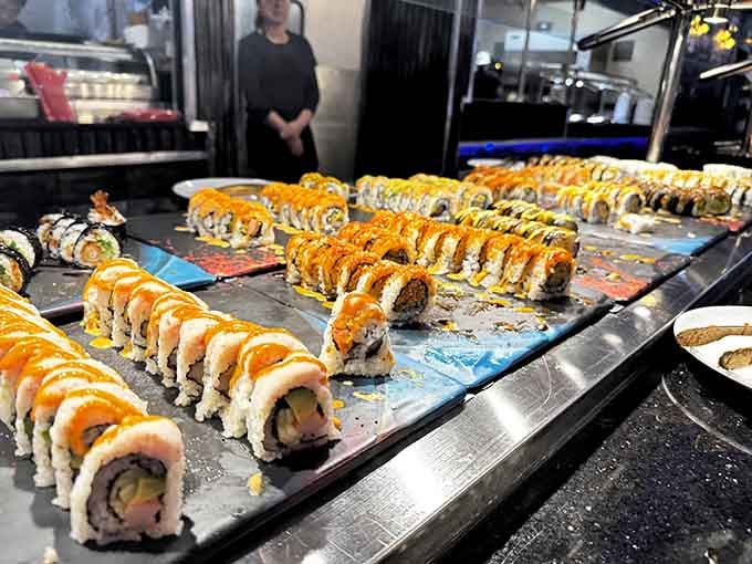 Fresh sushi rolls arranged like edible art make you wonder if you should eat them or frame them.