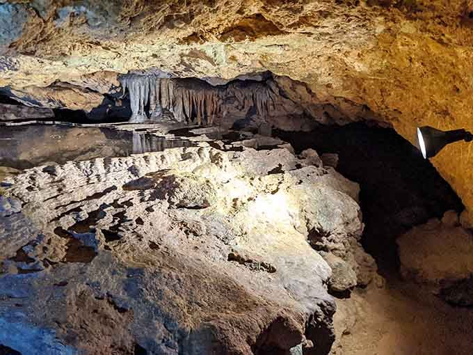 Flowstone formations cascade down walls like frozen waterfalls that decided to stick around permanently for the show.