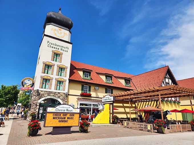 The Frankenmuth Cheese Haus tower stands tall, beckoning cheese lovers like a delicious, dairy-filled lighthouse of temptation.