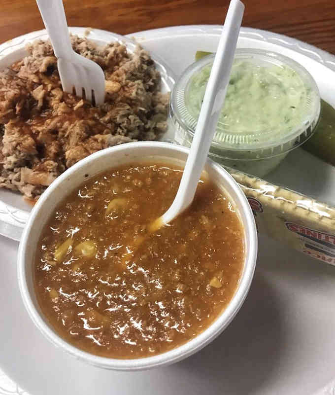 Brunswick stew thick enough to stand a spoon in, the way your grandmother would have made it, if she'd had decades to practice.