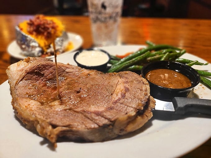 A perfectly cooked steak with green beans and loaded potato means someone back there takes their craft seriously.