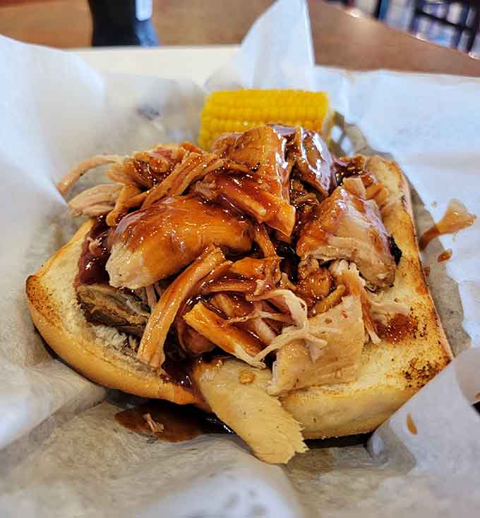 Pulled pork piled high like a delicious mountain you'll happily climb, one magnificent bite at a time.