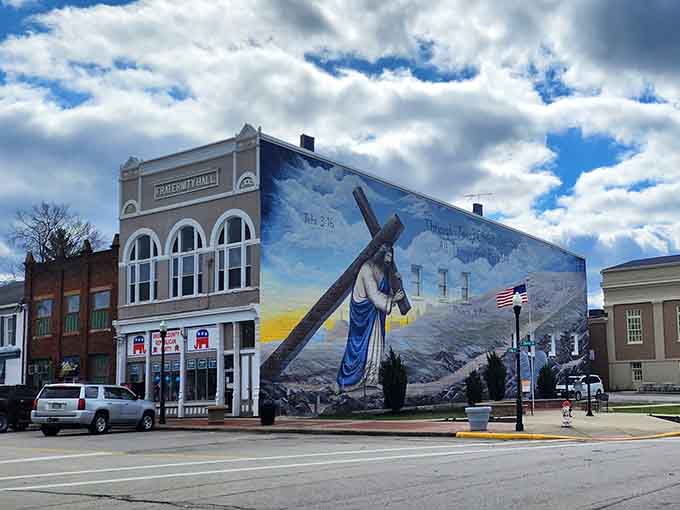 That stunning mural transforms an ordinary building into a masterpiece, giving downtown Georgetown some serious artistic street cred.