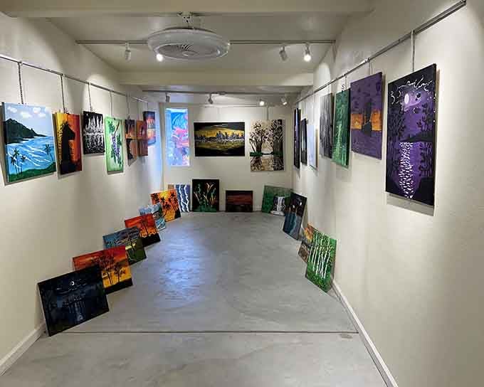 Vibrant desert landscapes captured on canvas bring the outside in at this unconventional gallery space.