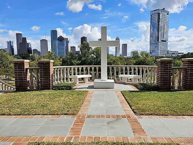 That Houston skyline backdrop turns this simple white cross into something almost cinematic, like a movie poster come to life.
