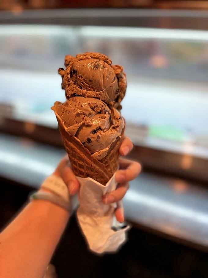 Double chocolate scoops in a chocolate waffle cone, because sometimes more is actually more, not less, and that's okay.