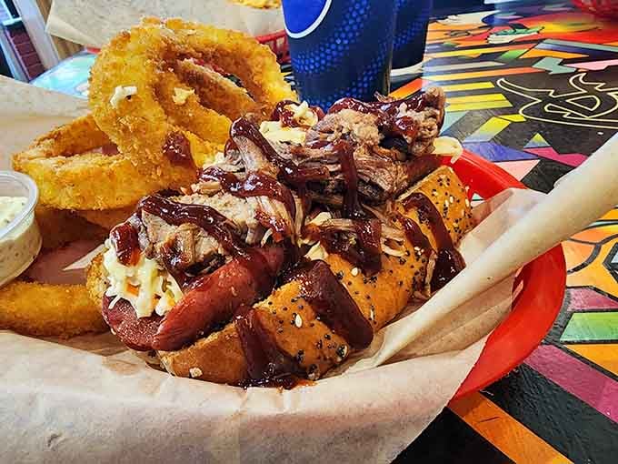 Onion rings and a pizza-style hot dog create the kind of meal that makes diets take a vacation.