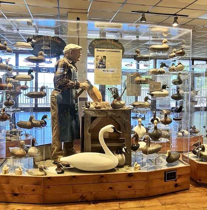 This display honors the master carvers who transformed simple wood blocks into hunting masterpieces.