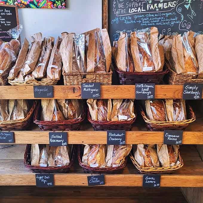 This bread wall is what heaven's pantry probably looks like, assuming heaven has really good taste in carbohydrates.