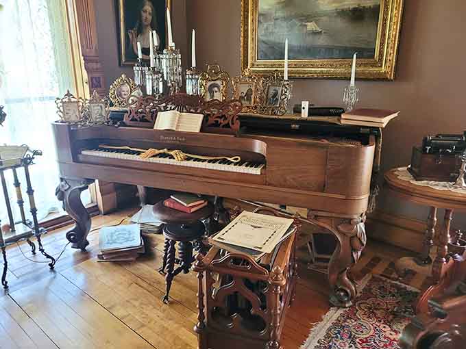 A grand piano that's seen more elegant gatherings than your average community center potluck, guaranteed.