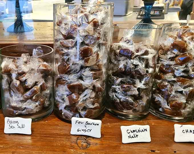 Glass jars filled with caramels and treats that'll have you pointing like a kid in a candy store.