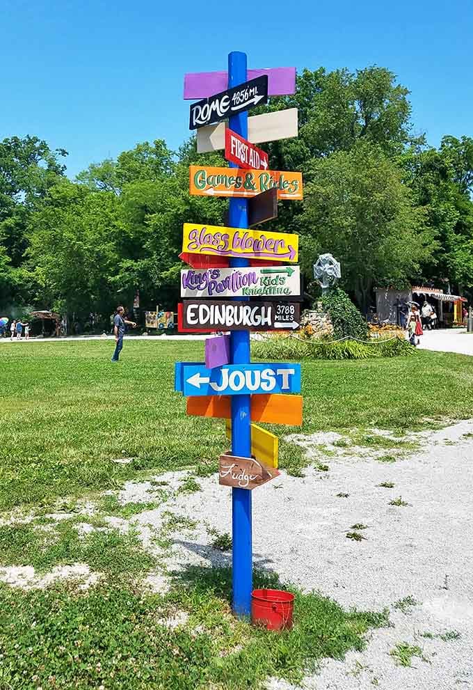 Colorful directional signs point visitors toward jousting matches, entertainment venues, and adventures waiting around every corner of the grounds.