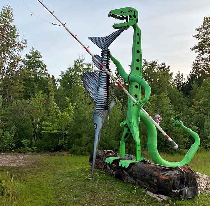 This dinosaur caught the big one, combining prehistoric charm with classic fishing culture in the most delightful way.