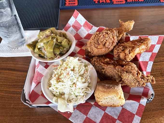 Golden fried chicken with all the fixings proves some classics never need improvement, just proper execution.