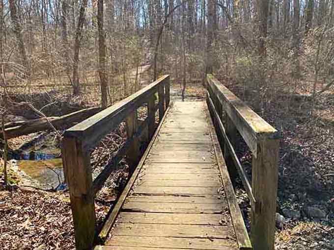 Wooden bridges like this one wind through forests that haven't changed much since Lincoln's time here.