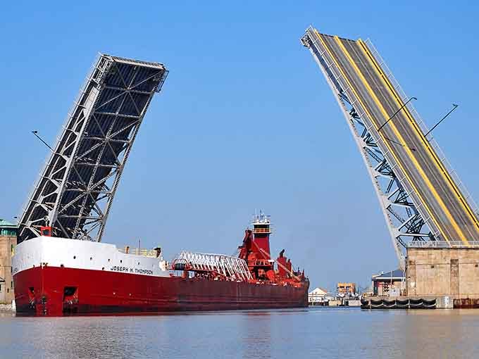 The Charles Berry Bridge lifts for Great Lakes freighters, proving Lorain's working waterfront is alive and thriving.
