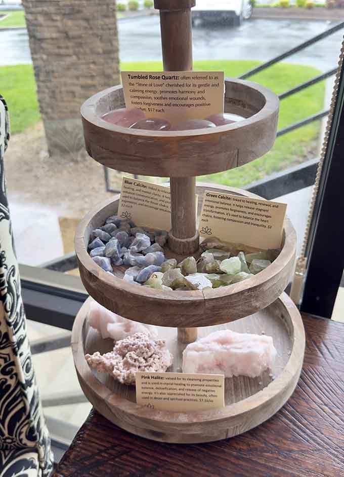 Rose quartz, green calcite, and pink halite displayed like nature's candy store for your spiritual sweet tooth.