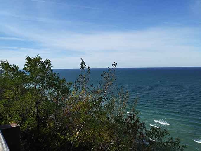 Lake Michigan stretching to infinity, looking more Caribbean than Great Lakes, and nobody's complaining about the confusion.