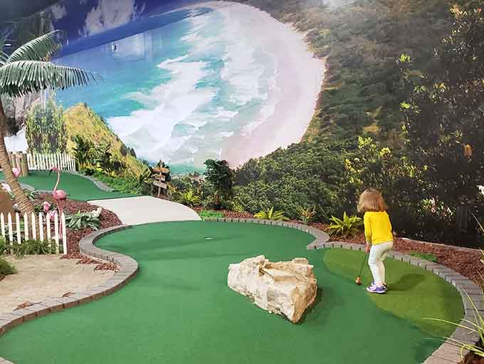 Indoor mini golf with painted ocean waves means you can pretend you're at the beach without sunburn, sand, or seagulls.