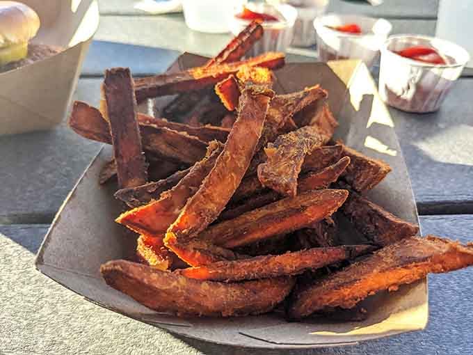Sweet potato fries with that perfect crispy-to-fluffy ratio, proving orange vegetables can absolutely steal the show here.