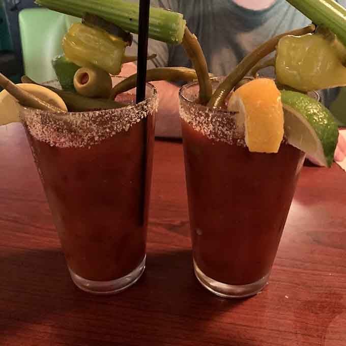 These Bloody Marys come loaded with enough garnishes to qualify as a meal and a conversation starter.