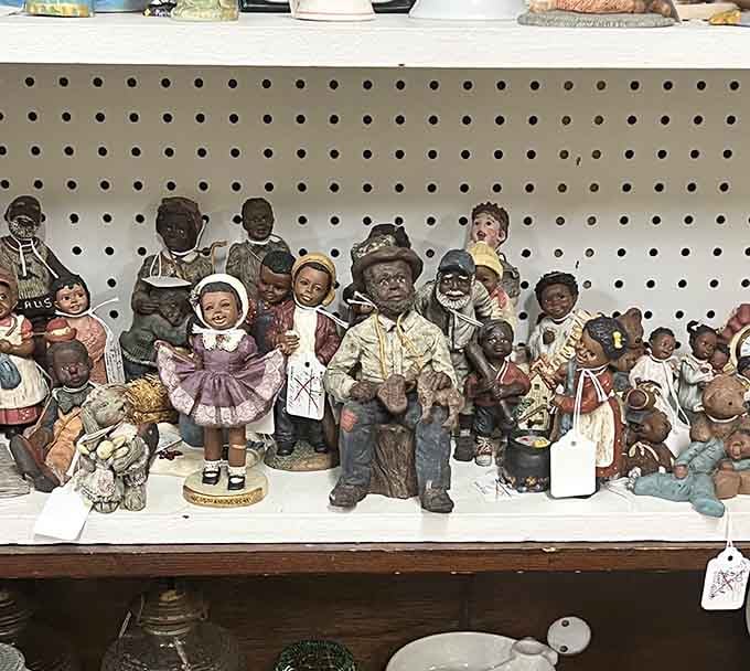 Collectible figurines crowd the shelf, a nostalgic lineup that would make any grandparent smile knowingly.