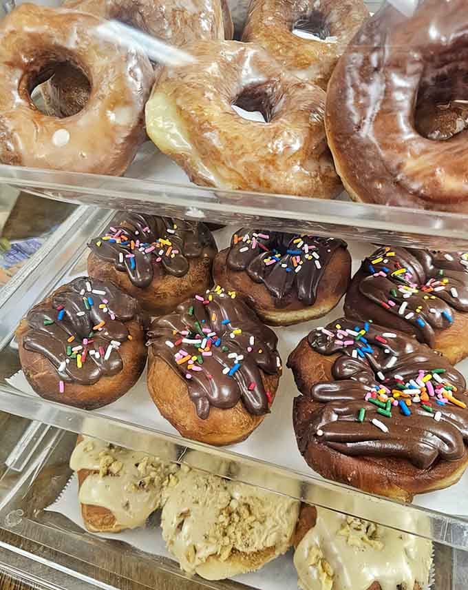 Donuts topped with chocolate and sprinkles sit ready to make your inner child very, very happy right now.