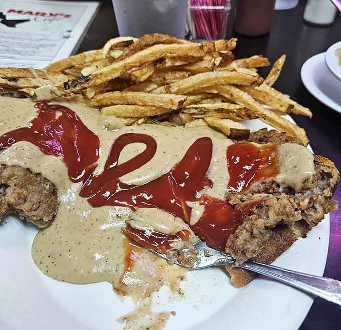 When your chicken fried steak needs ketchup racing stripes and comes with fries, you're living your best life.