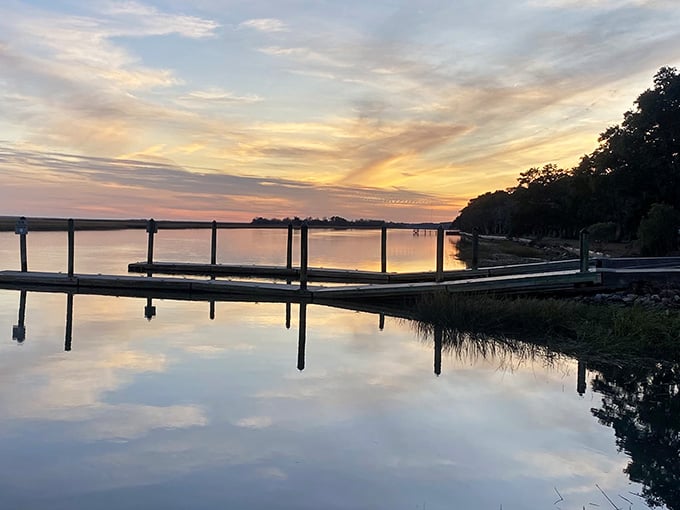 Sunset reflections at the boat landing create nature's own screensaver, no subscription required for this view.