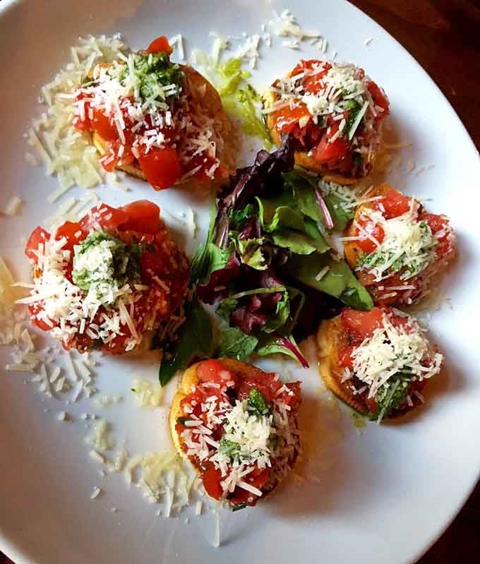 Bruschetta topped with melted cheese and marinara sauce makes Italian grandmothers nod approvingly from everywhere.