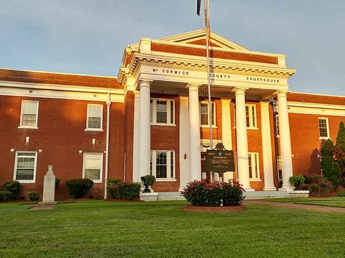 The McCormick County Courthouse commands respect with its stately columns and perfectly manicured lawn surrounding it.