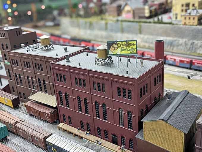 Even the miniature brewery building has rooftop billboards, because attention to detail matters when you're building tiny worlds.
