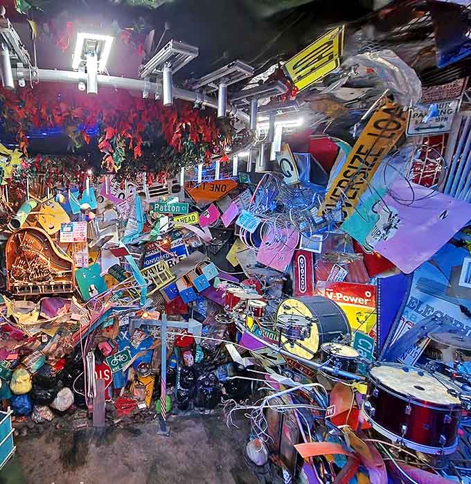 Musical instruments and random objects collide in what can only be described as a garage sale's fever dream.