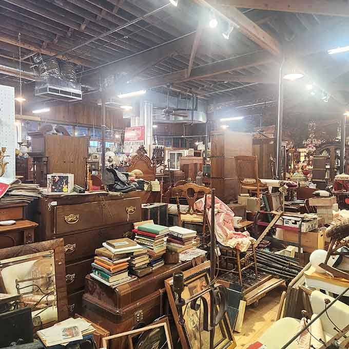 Furniture stacked to the rafters creates a maze where getting lost is half the fun of exploring.